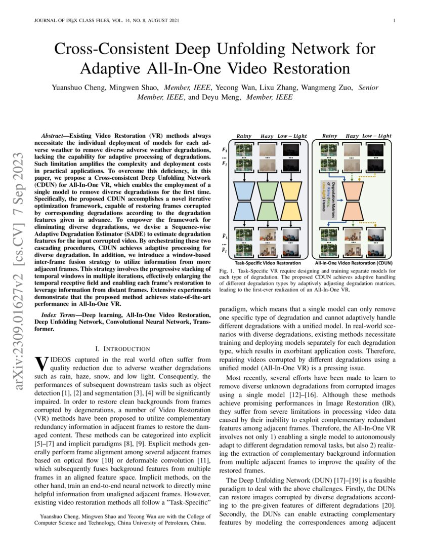 Cross-Consistent Deep Unfolding Network for Adaptive All-In-One Video Restoration | DeepAI