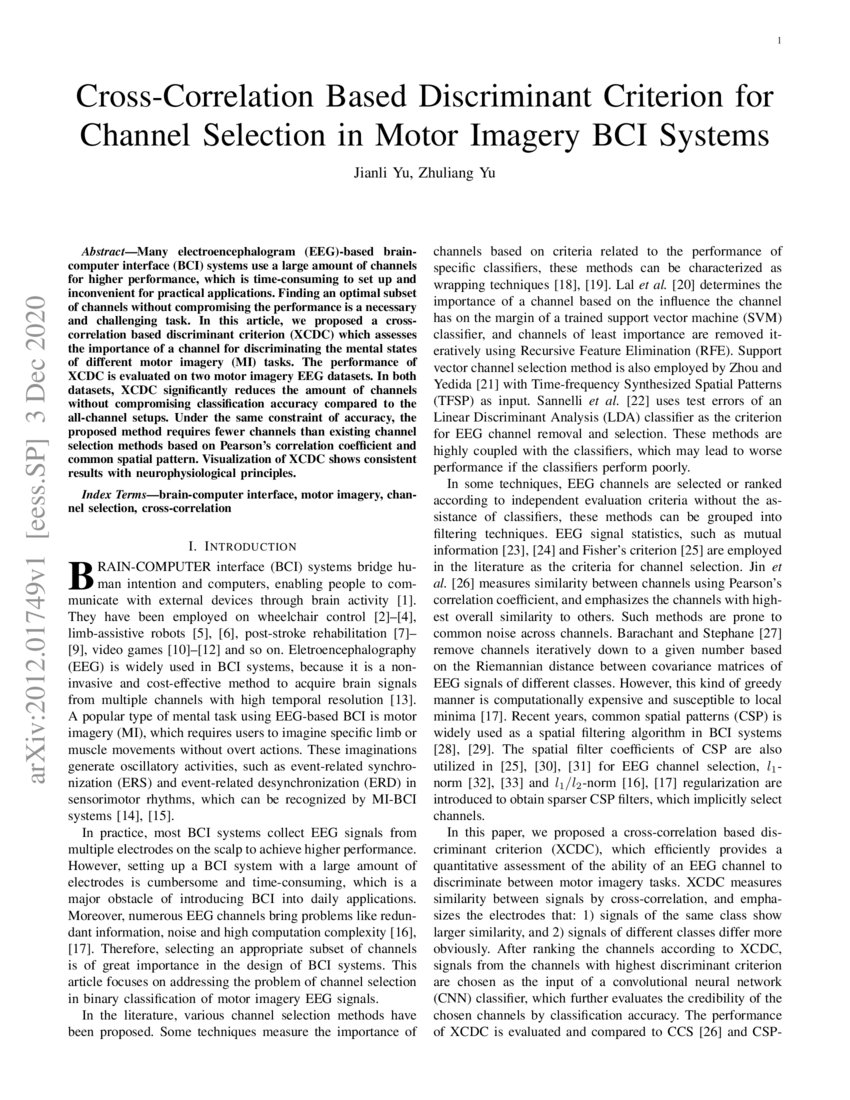 Cross-Correlation Based Discriminant Criterion for Channel Selection in Motor Imagery BCI ...