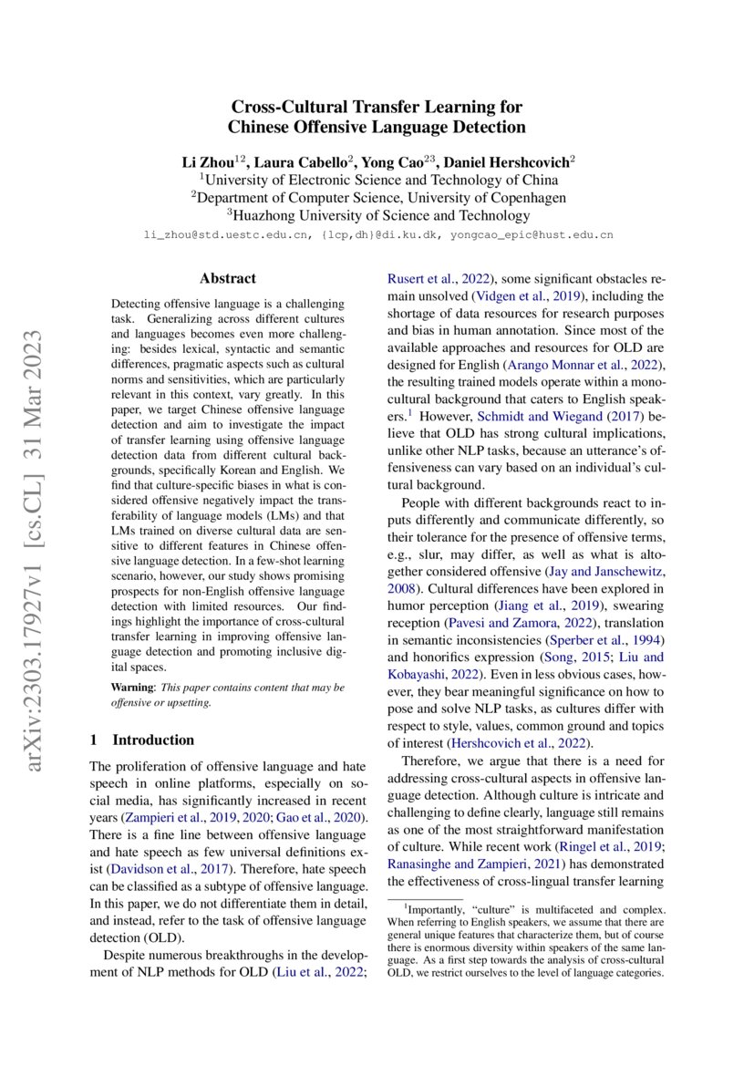 Cross Cultural Transfer Learning For Chinese Offensive Language