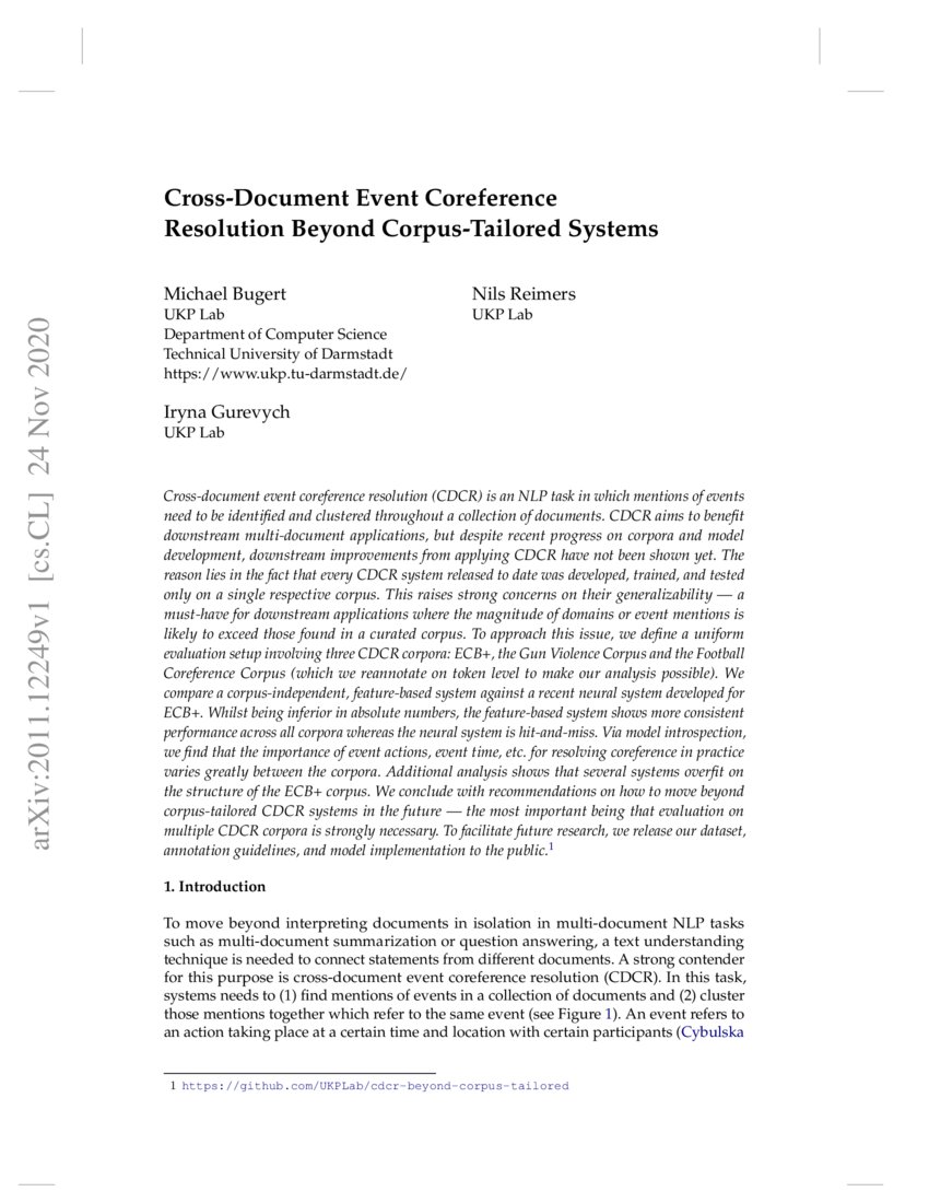 Cross Document Event Coreference Resolution Beyond Corpus Tailored Systems Deepai