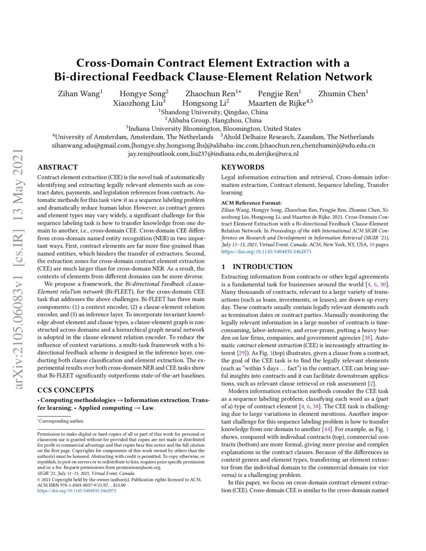 Cross-Domain Contract Element Extraction with a Bi-directional Feedback Clause-Element Relation ...