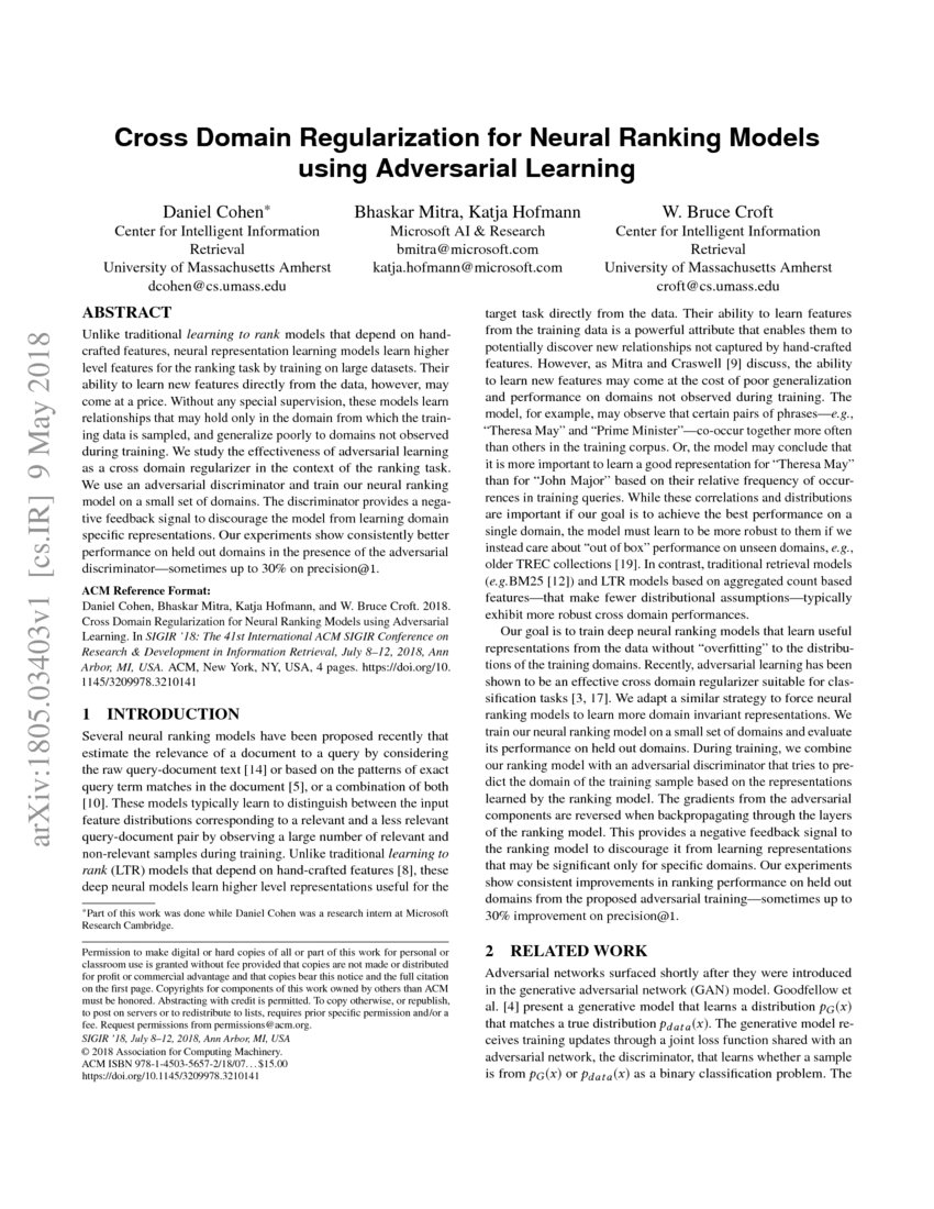 Cross Domain Regularization for Neural Ranking Models Using Adversarial Learning | DeepAI