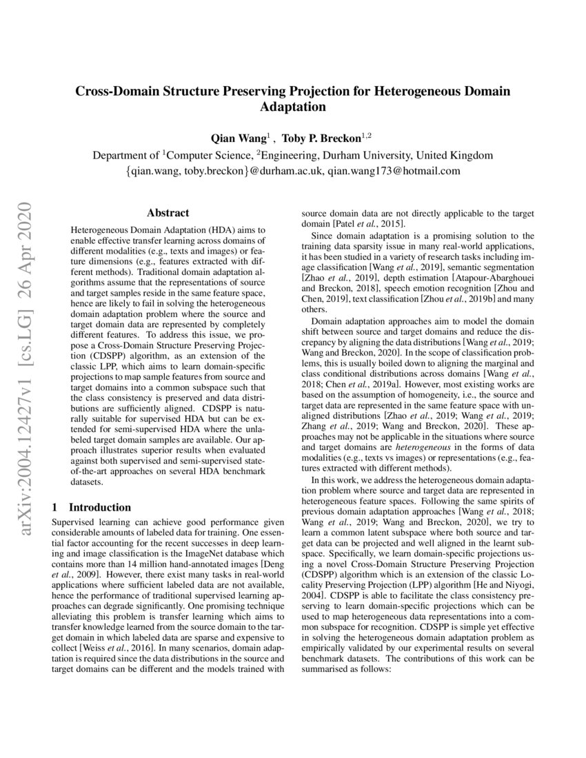 Cross-Domain Structure Preserving Projection for Heterogeneous Domain ...