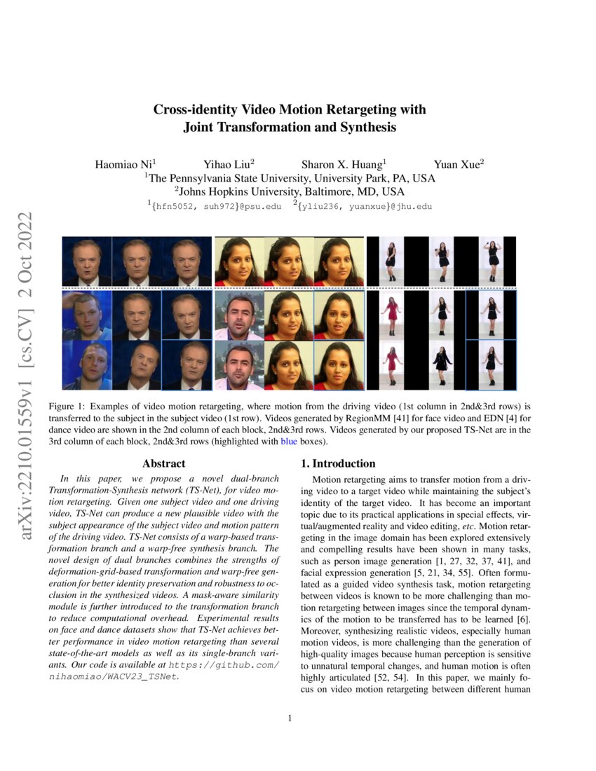 Cross-identity Video Motion Retargeting with Joint Transformation and ...