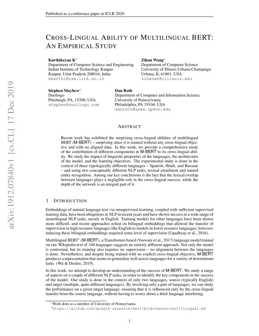 Cross-Lingual Ability of Multilingual BERT: An Empirical Study | DeepAI