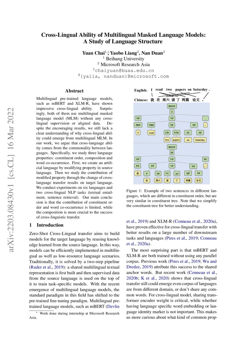 Cross-Lingual Ability of Multilingual Masked Language Models: A Study of Language Structure | DeepAI