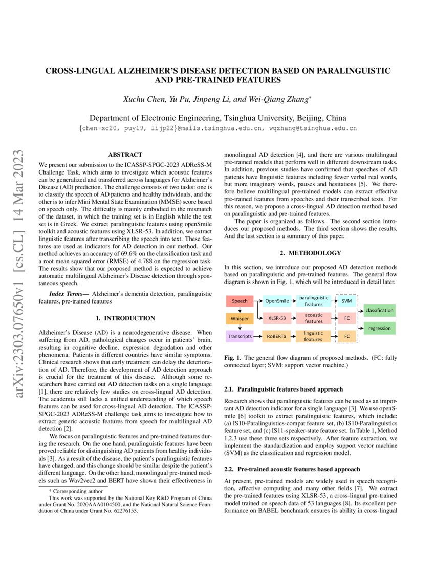 Cross Lingual Alzheimers Disease Detection Based On Paralinguistic And Pre Trained Features