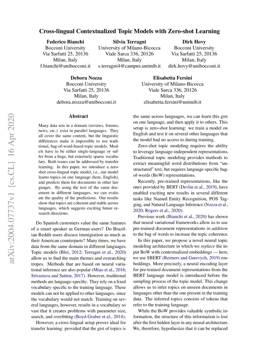Cross-lingual Contextualized Topic Models with Zero-shot Learning | DeepAI