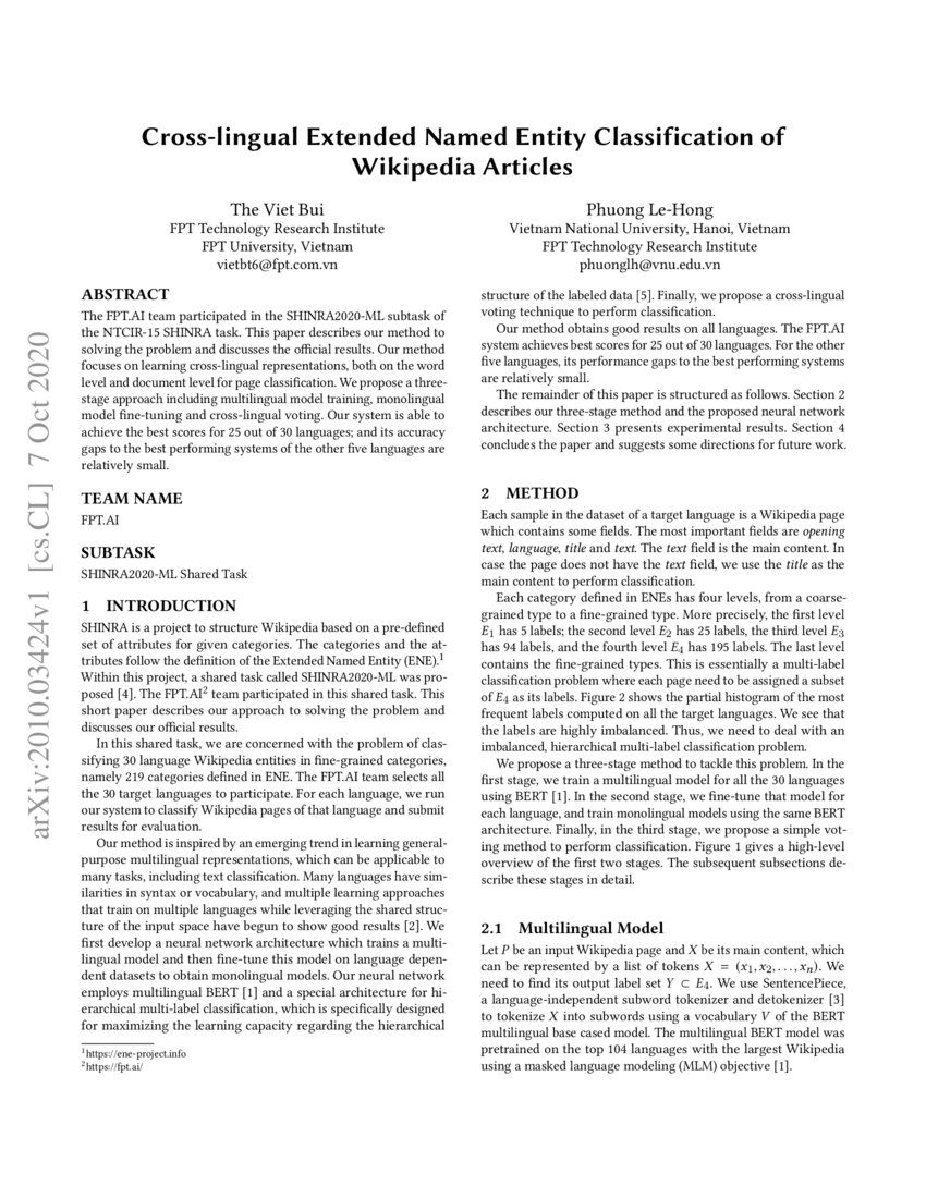Cross Lingual Extended Named Entity Classification Of Wikipedia Articles Deepai