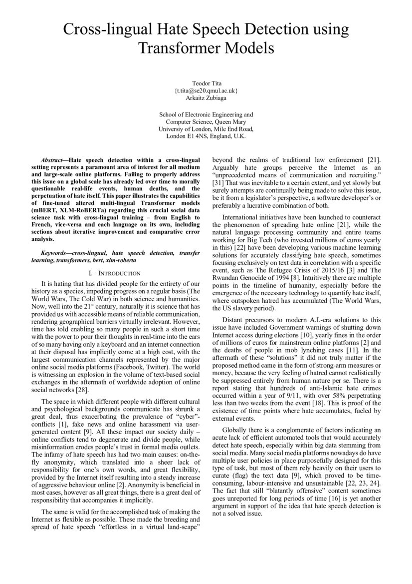 Cross Lingual Hate Speech Detection Using Transformer Models Deepai