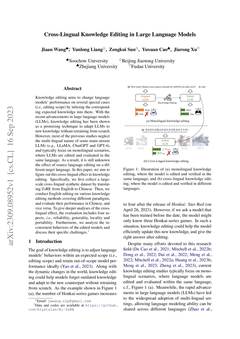 Cross Lingual Knowledge Editing In Large Language Models Deepai