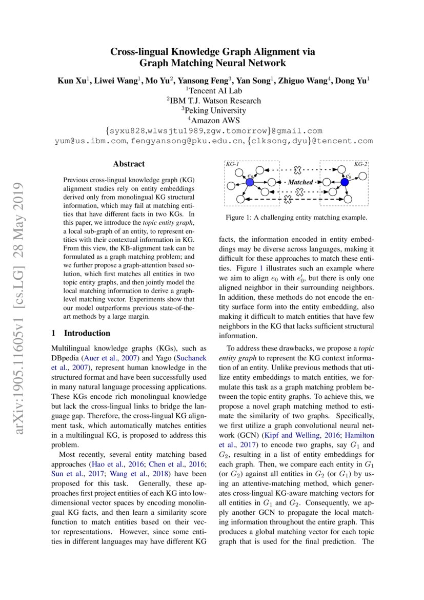 Cross Lingual Knowledge Graph Alignment Via Graph Matching Neural Network Deepai