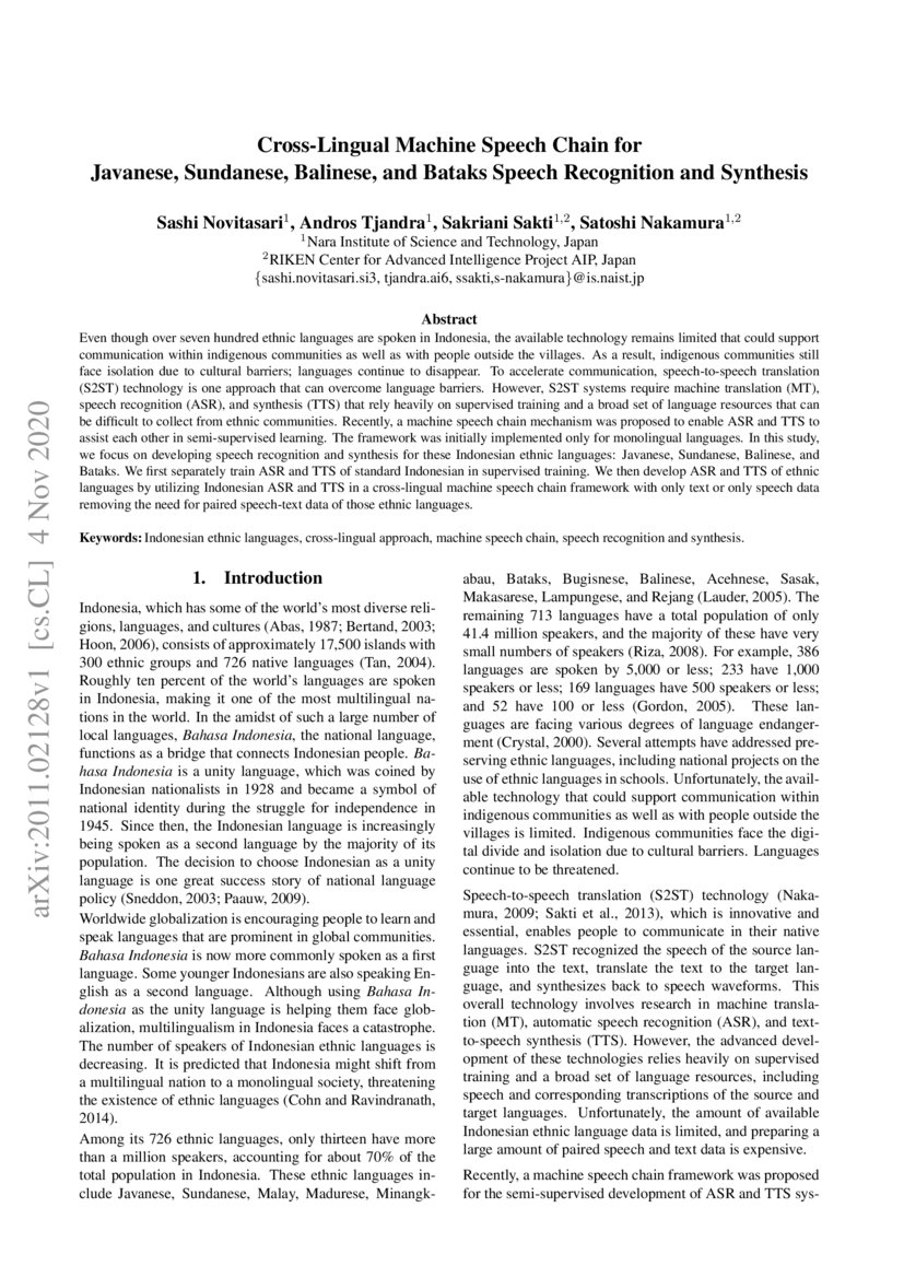 Cross-Lingual Machine Speech Chain for Javanese, Sundanese, Balinese ...