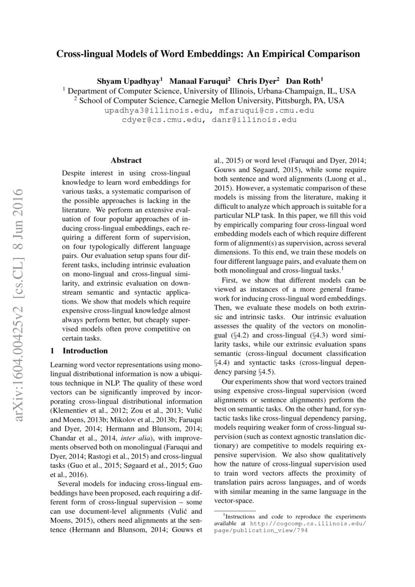 Cross-lingual Models of Word Embeddings: An Empirical Comparison | DeepAI