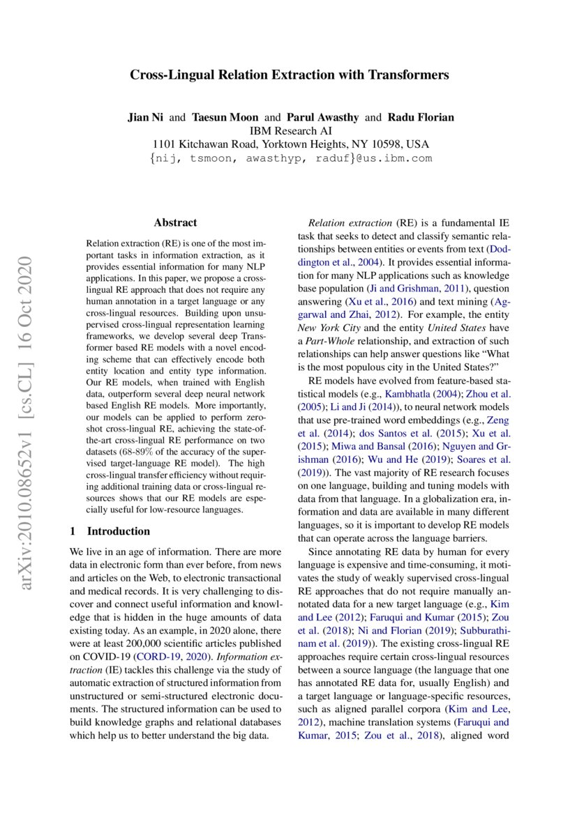 Cross Lingual Relation Extraction With Transformers Deepai