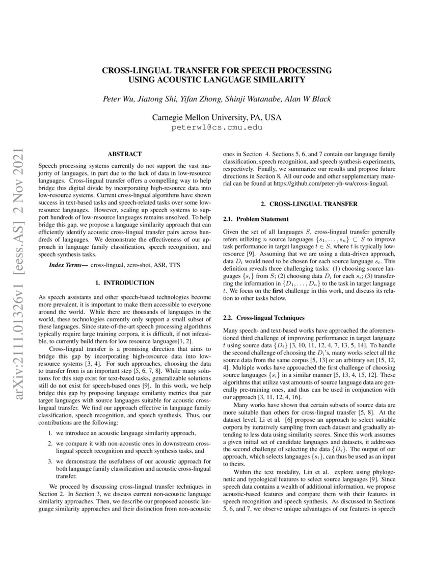 Cross-lingual Transfer for Speech Processing using Acoustic Language Similarity | DeepAI