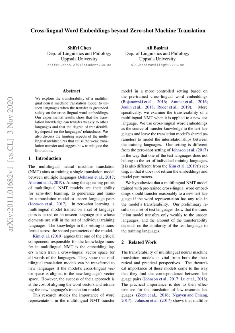 Cross-lingual Word Embeddings beyond Zero-shot Machine Translation | DeepAI