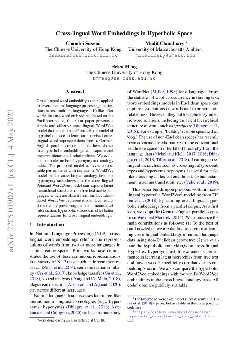 Cross-lingual Word Embeddings in Hyperbolic Space | DeepAI