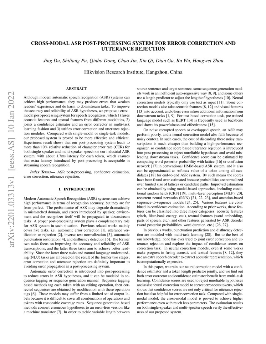 Cross Modal Asr Post Processing System For Error Correction And Utterance Rejection Deepai