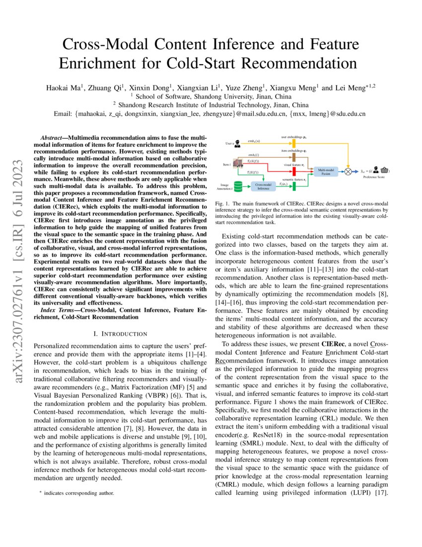 Cross Modal Content Inference And Feature Enrichment For Cold Start Recommendation Deepai