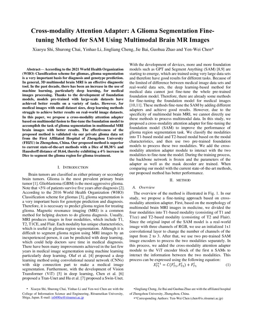 Cross Modality Attention Adapter A Glioma Segmentation Fine Tuning Method For Sam Using