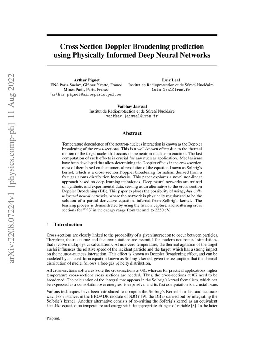 Cross Section Doppler Broadening prediction using Physically Informed ... Cross Section Doppler Broadening prediction using Physically Informed ...