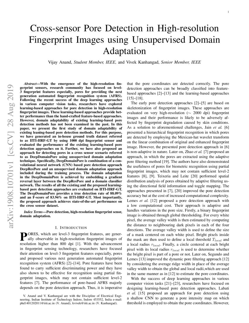 Cross Sensor Pore Detection In High Resolution Fingerprint Images Using Unsupervised Domain 