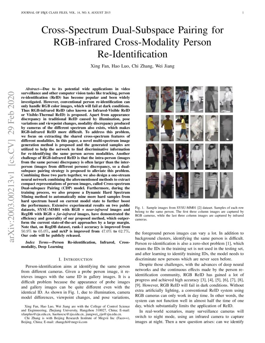 Cross Spectrum Dual Subspace Pairing For Rgb Infrared Cross Modality