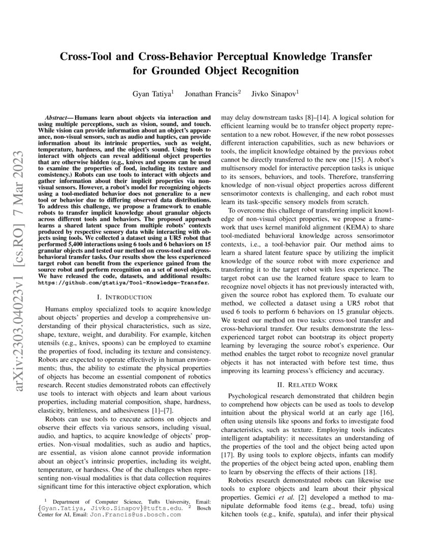 Cross-Tool and Cross-Behavior Perceptual Knowledge Transfer for Grounded Object Recognition | DeepAI