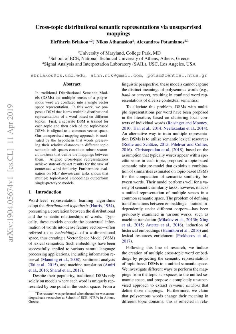 Cross Topic Distributional Semantic Representations Via Unsupervised Mappings Deepai