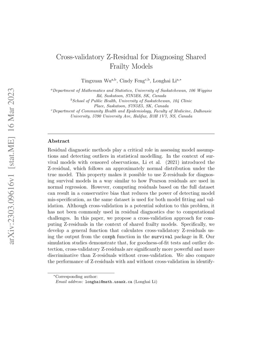 Cross Validatory Z Residual For Diagnosing Shared Frailty Models Deepai