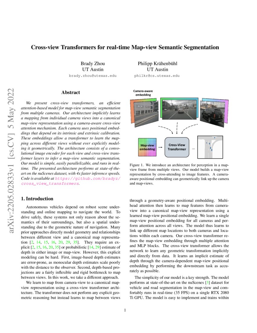 Cross-view Transformers for real-time Map-view Semantic Segmentation | DeepAI