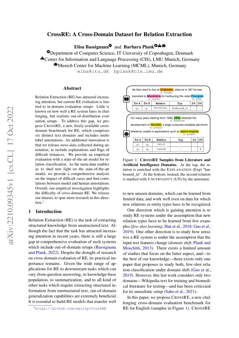 Crossre A Cross Domain Dataset For Relation Extraction Deepai
