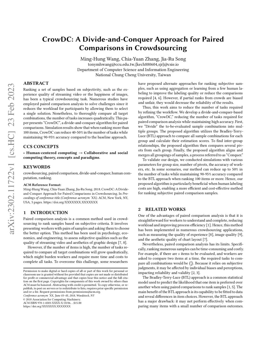 Crowdc A Divide And Conquer Approach For Paired Comparisons In Crowdsourcing Deepai