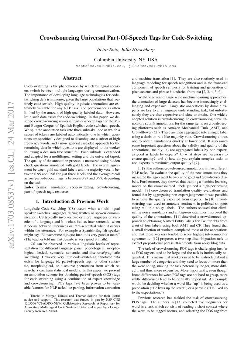 Crowdsourcing Universal Part-Of-Speech Tags for Code-Switching | DeepAI