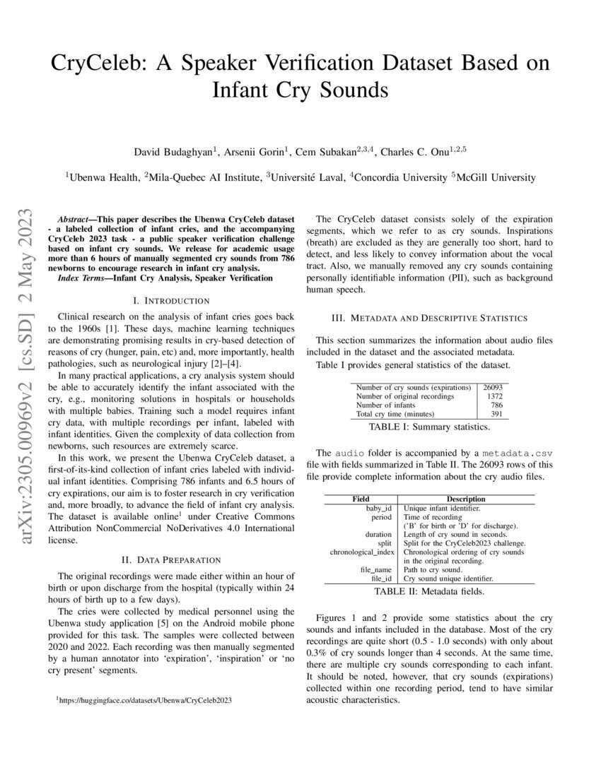CryCeleb: A Speaker Verification Dataset Based on Infant Cry Sounds | DeepAI
