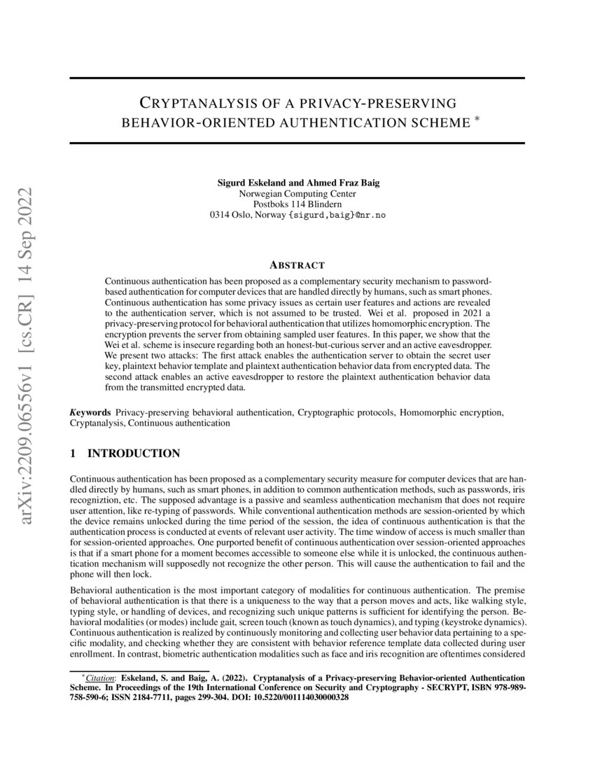 Cryptanalysis Of A Privacy Preserving Behavior Oriented Authentication