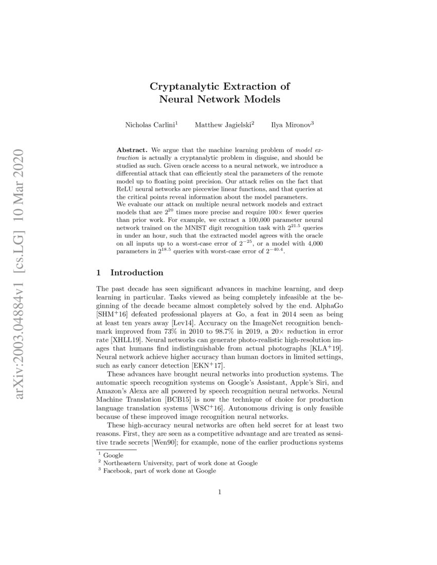 Cryptanalytic Extraction of Neural Network Models | DeepAI