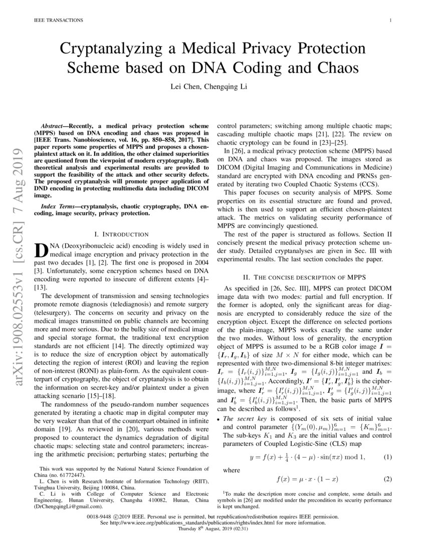 Cryptanalyzing a Medical Privacy Protection Scheme based on DNA Coding and Chaos | DeepAI