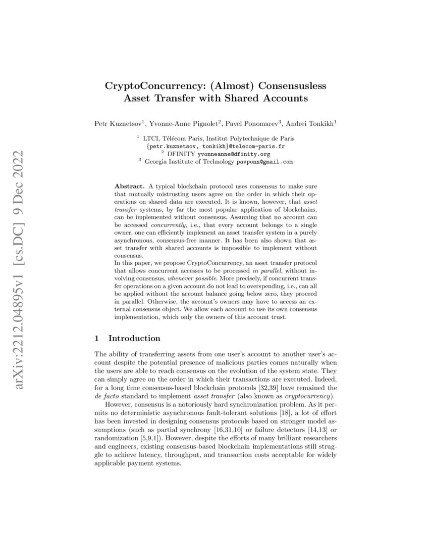 Cryptoconcurrency Almost Consensusless Asset Transfer With Shared Accounts Deepai