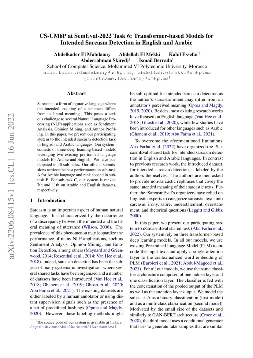 Cs Um6p At Semeval 2022 Task 6 Transformer Based Models For Intended Sarcasm Detection In