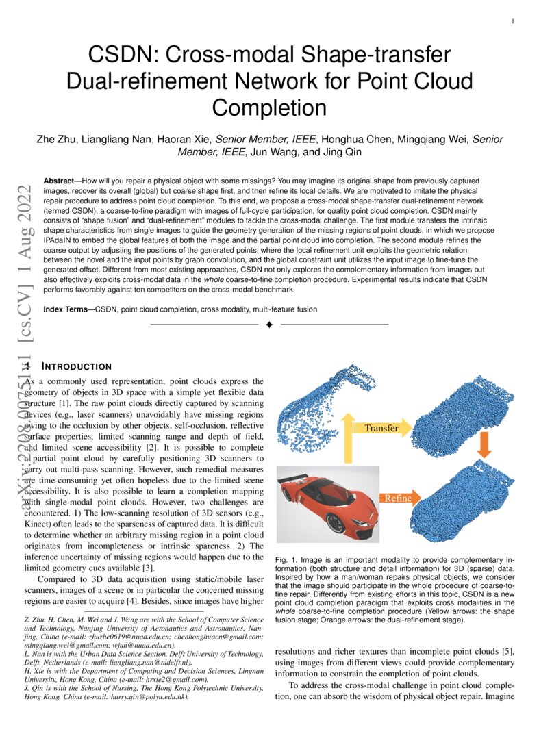 Csdn Cross Modal Shape Transfer Dual Refinement Network For Point