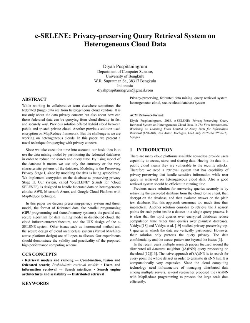 cSELENE: Privacy Preserving Query Retrieval System on Heterogeneous Cloud Data | DeepAI