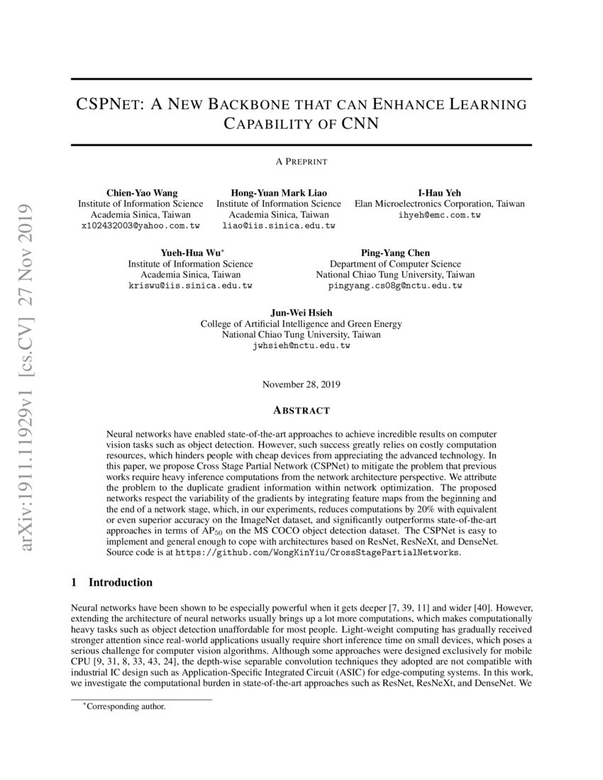 CSPNet: A New Backbone that can Enhance Learning Capability of CNN | DeepAI