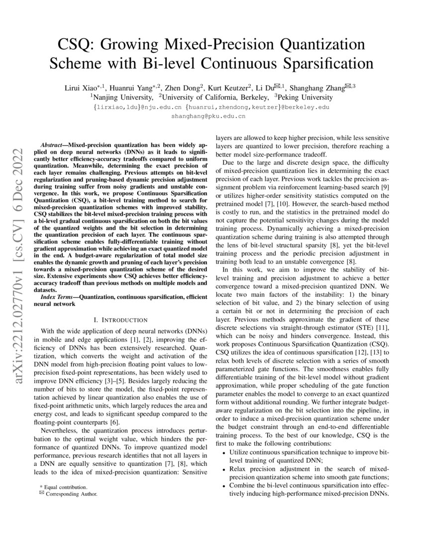 Csq Growing Mixed Precision Quantization Scheme With Bi Level Continuous Sparsification Deepai 2053