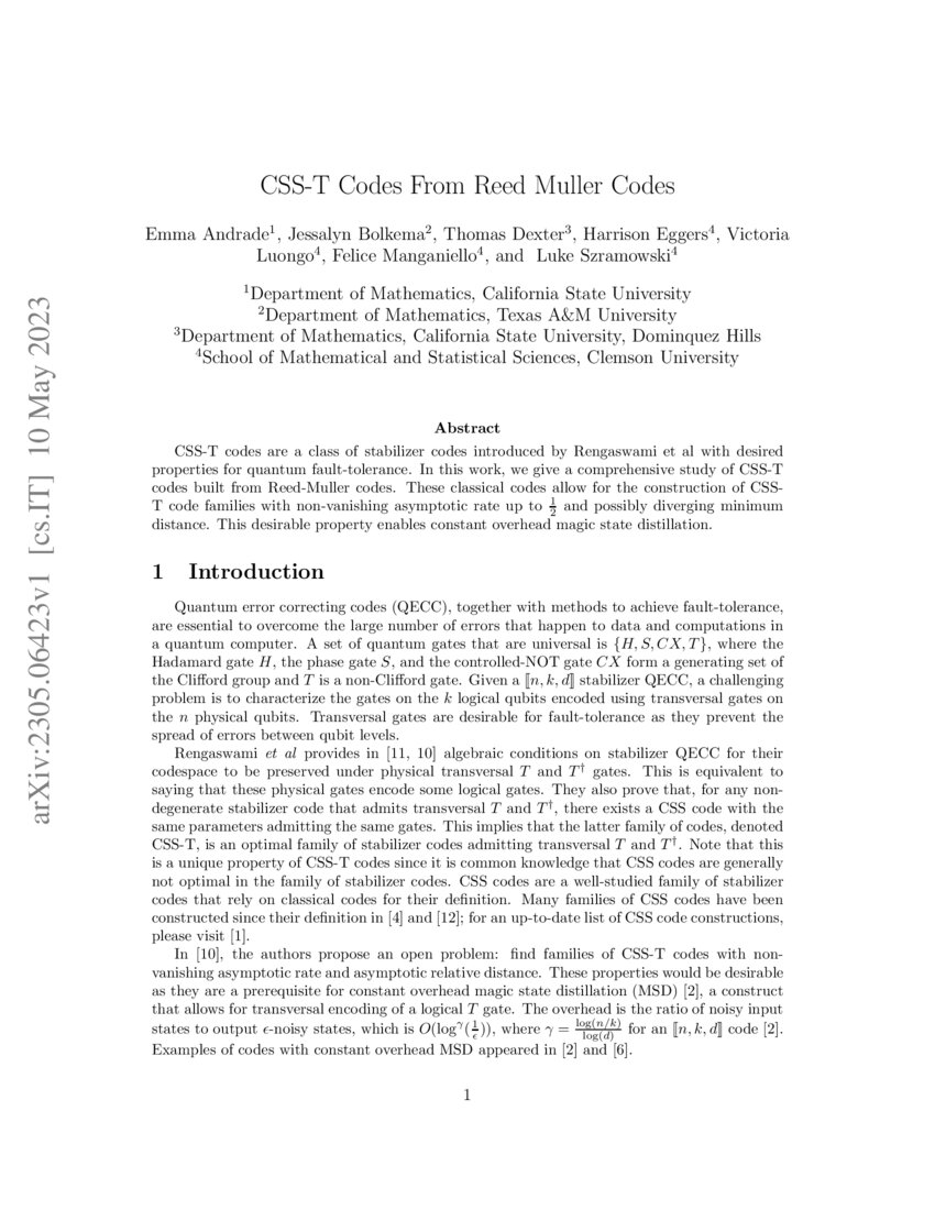 Css T Codes From Reed Muller Codes For Quantum Fault Tolerance Deepai
