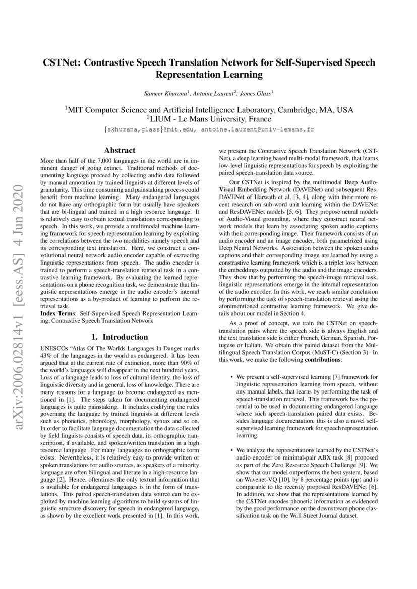 CSTNet: Contrastive Speech Translation Network for Self-Supervised ... CSTNet: Contrastive Speech Translation Network for Self-Supervised ...