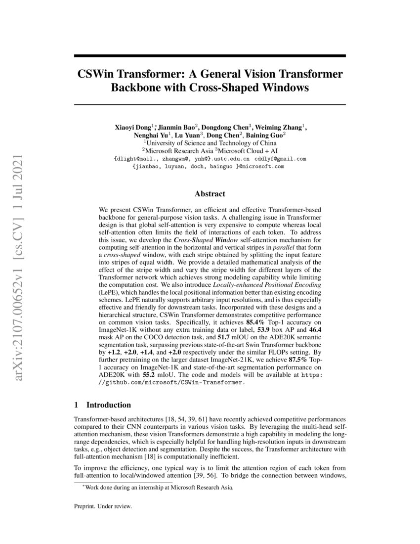 CSWin Transformer: A General Vision Transformer Backbone with Cross ...