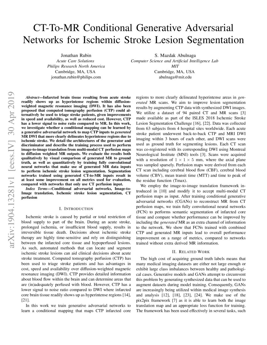 CT-To-MR Conditional Generative Adversarial Networks for Ischemic Stroke Lesion Segmentation ...
