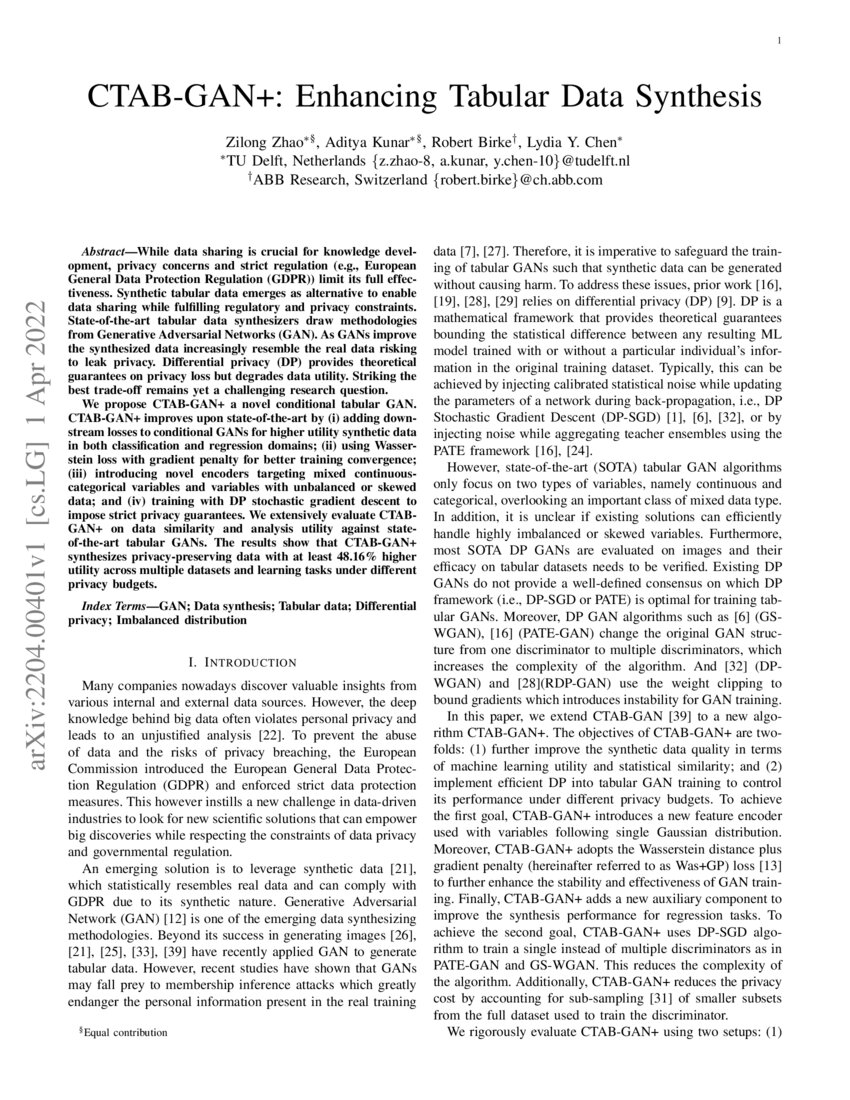 CTAB-GAN+: Enhancing Tabular Data Synthesis | DeepAI CTAB-GAN+: Enhancing Tabular Data Synthesis | DeepAI